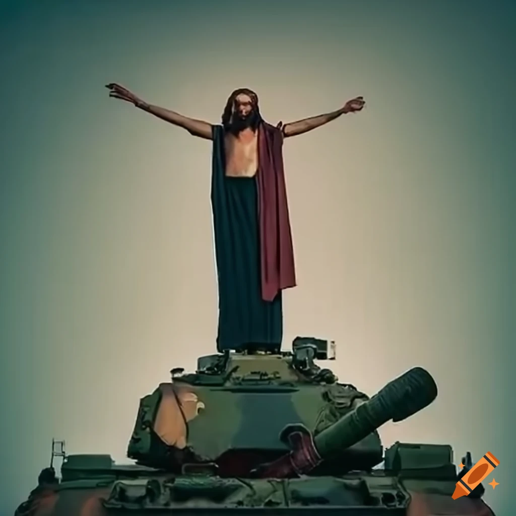Jesus standing on a military tank with a bleeding wound on Craiyon