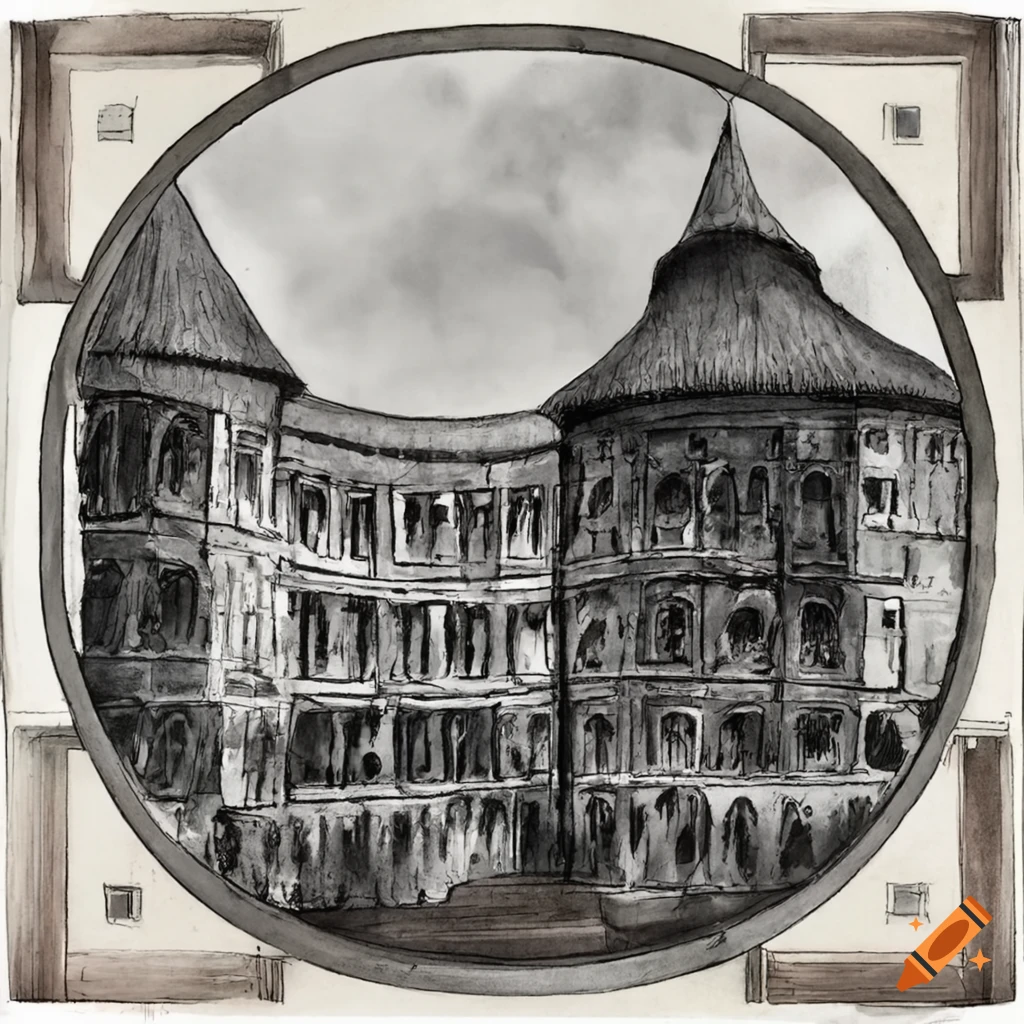 The globe theatre, a circular open-air amphitheater with three levels ...