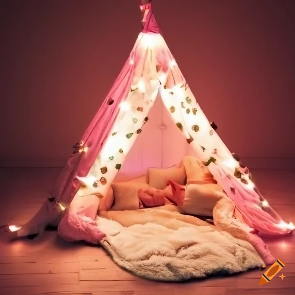 Cozy blanket fort with fairy lights and art supplies on Craiyon