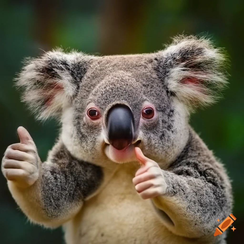 Koala giving a thumbs up with a smile on Craiyon