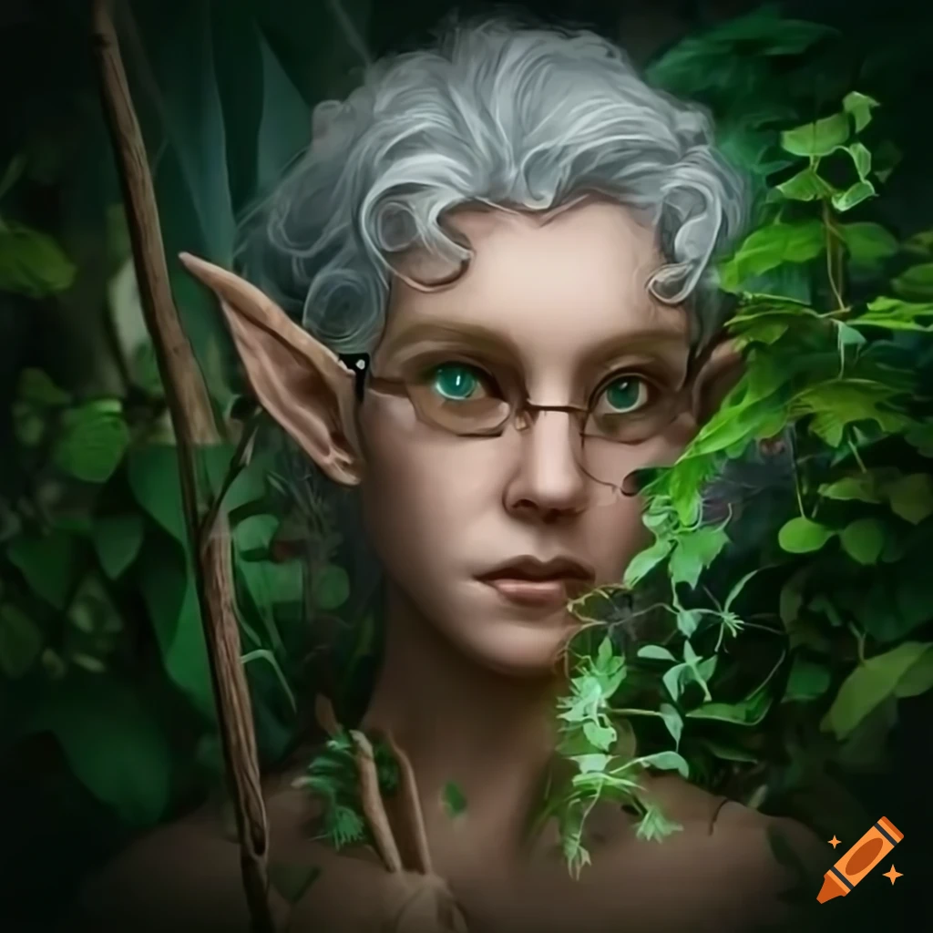 Middle aged wood elf with white hair and glasses surrounded by plants ...