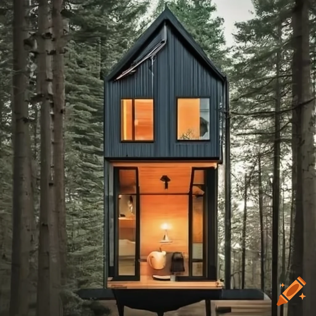 Cozy modern container home in the woods on Craiyon