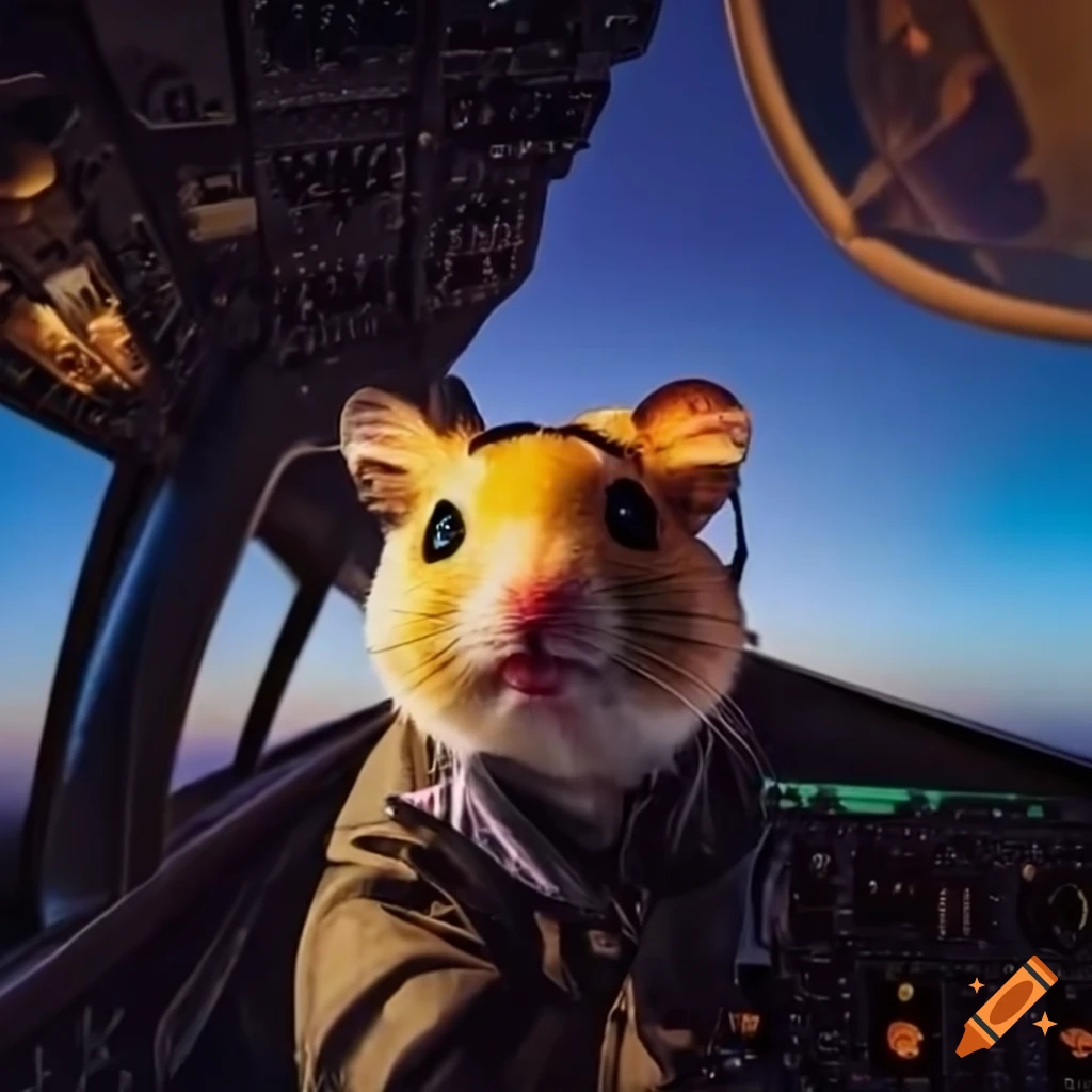 Airplane cockpit with a giant adorable hamster wearing a pilot uniform ...