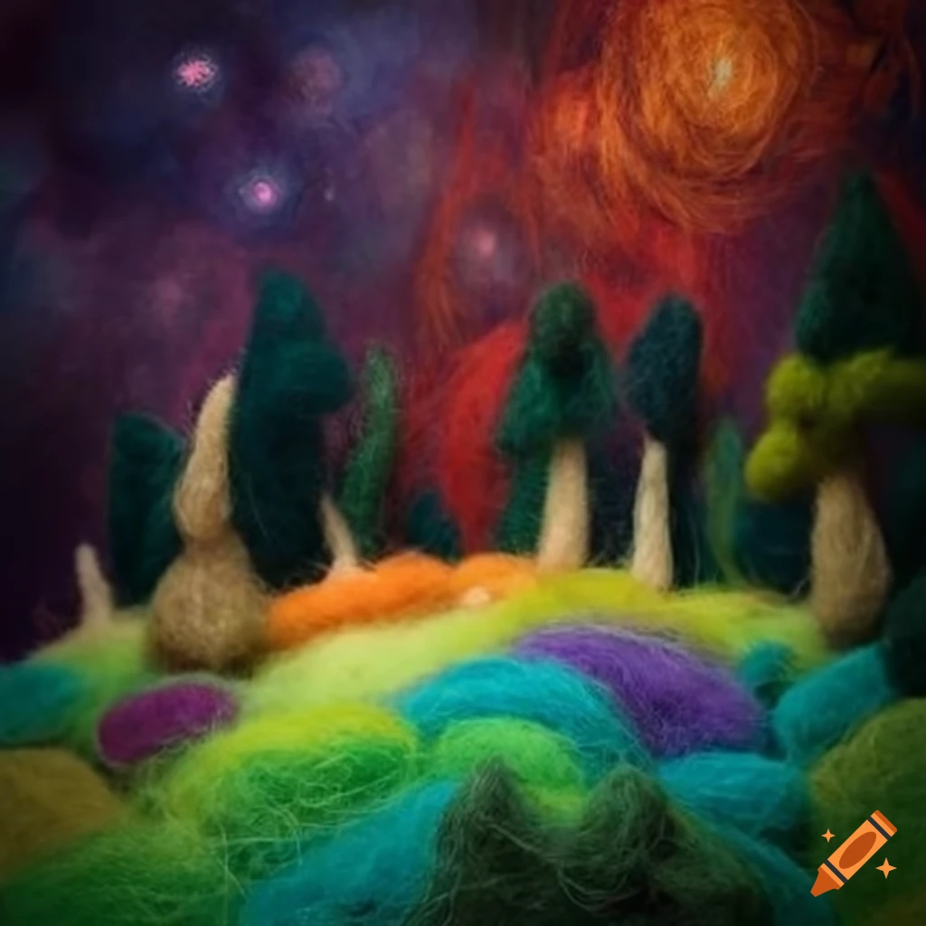 Colorful felted wool woodland ecosystem against a starry landscape on ...