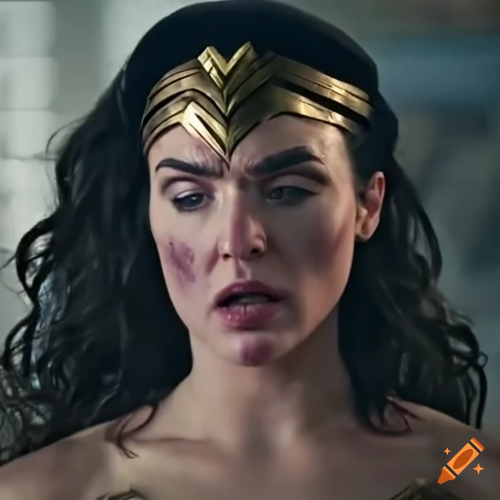Bruised Wonder Woman fighter with dizzy expression on Craiyon