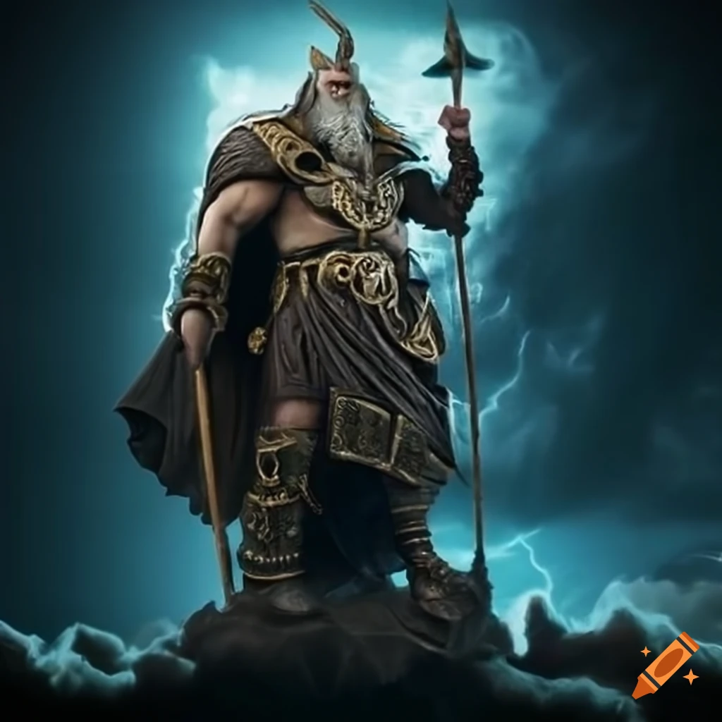 Norse god odin holding spear in storm on Craiyon