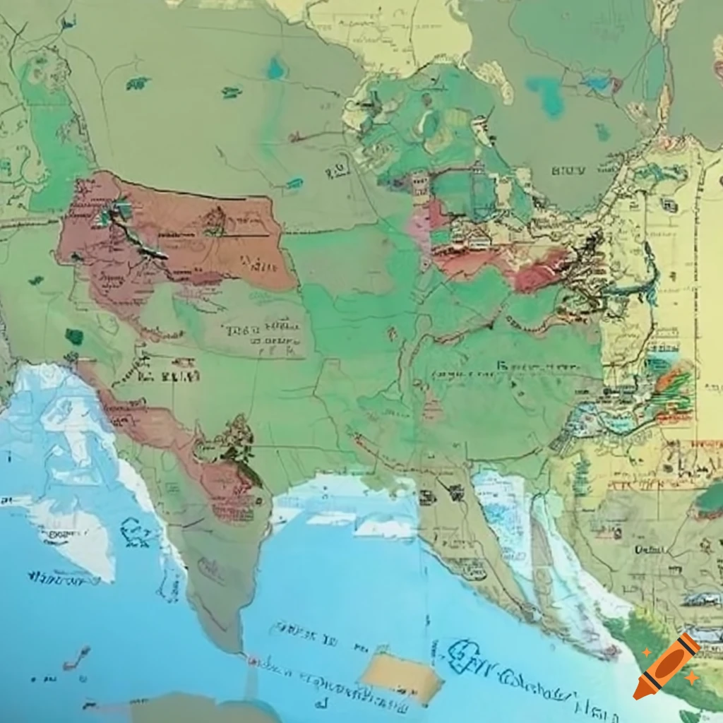 Multi-environment exploration camp map on Craiyon