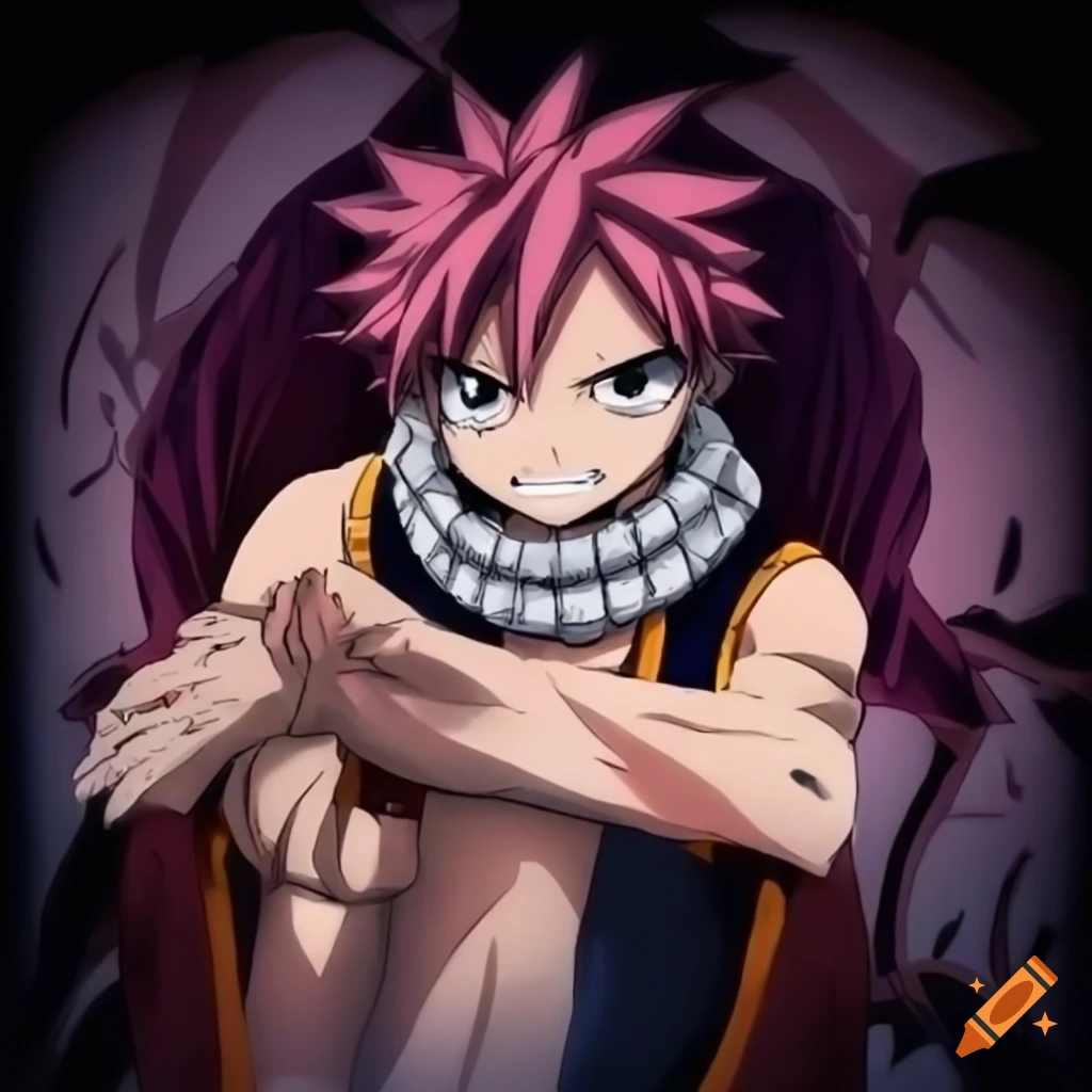 Depressed anime character natsu dragneel kneeling on Craiyon