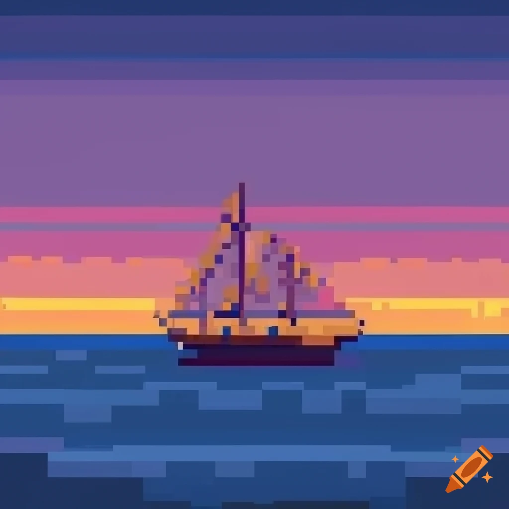 Sailing ship at sunset with distant islands in pixel art style on Craiyon