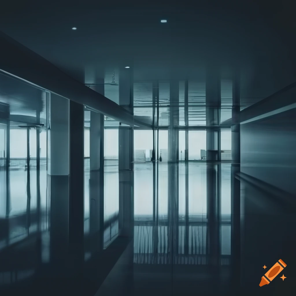 Interior of an empty office building with realistic reflections on Craiyon
