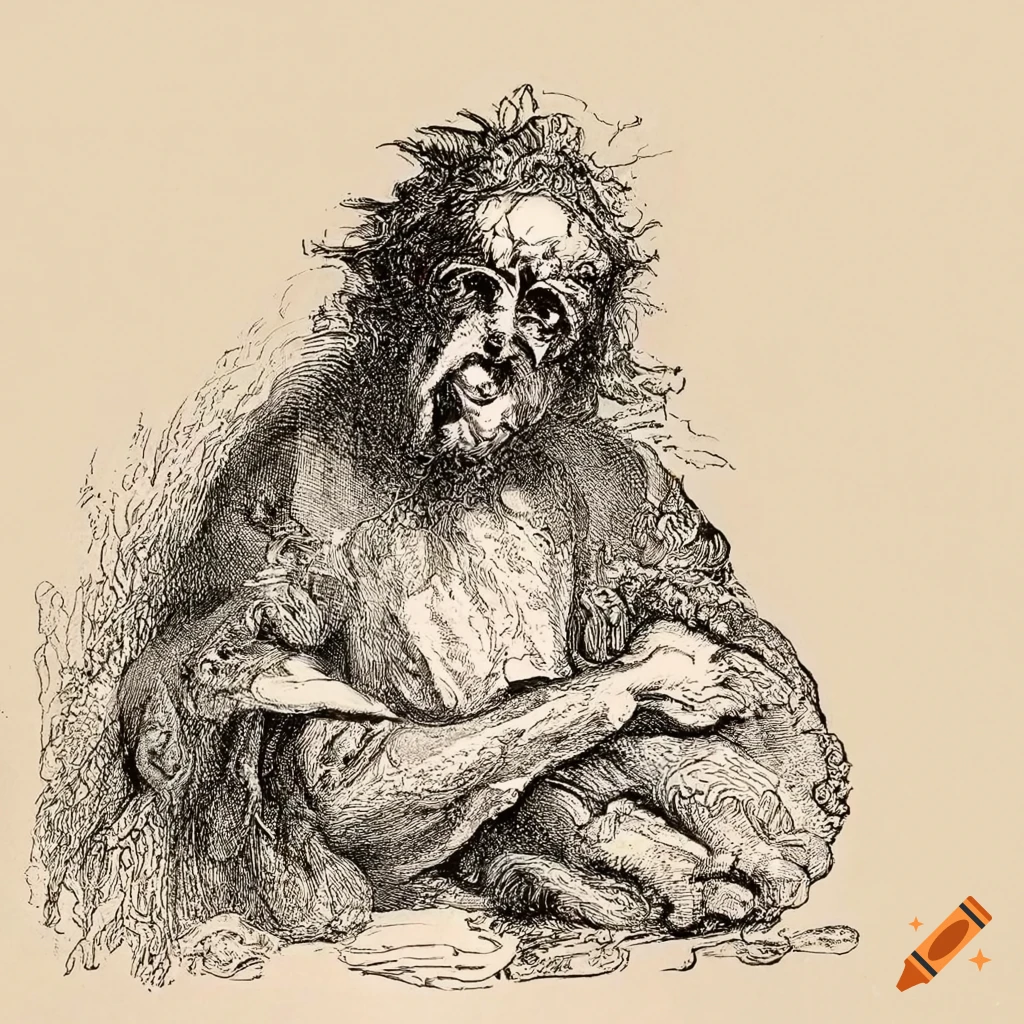 Gustave dore's character in expressionist line drawing with intricate ...