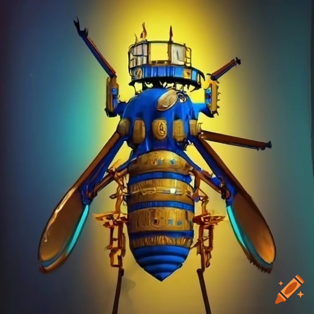 Giant techno steampunk hornet in yellow and blue colors on Craiyon
