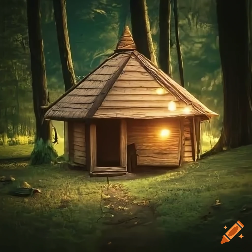 Simple wooden hut in a bright enchanted forest under midday sun on Craiyon