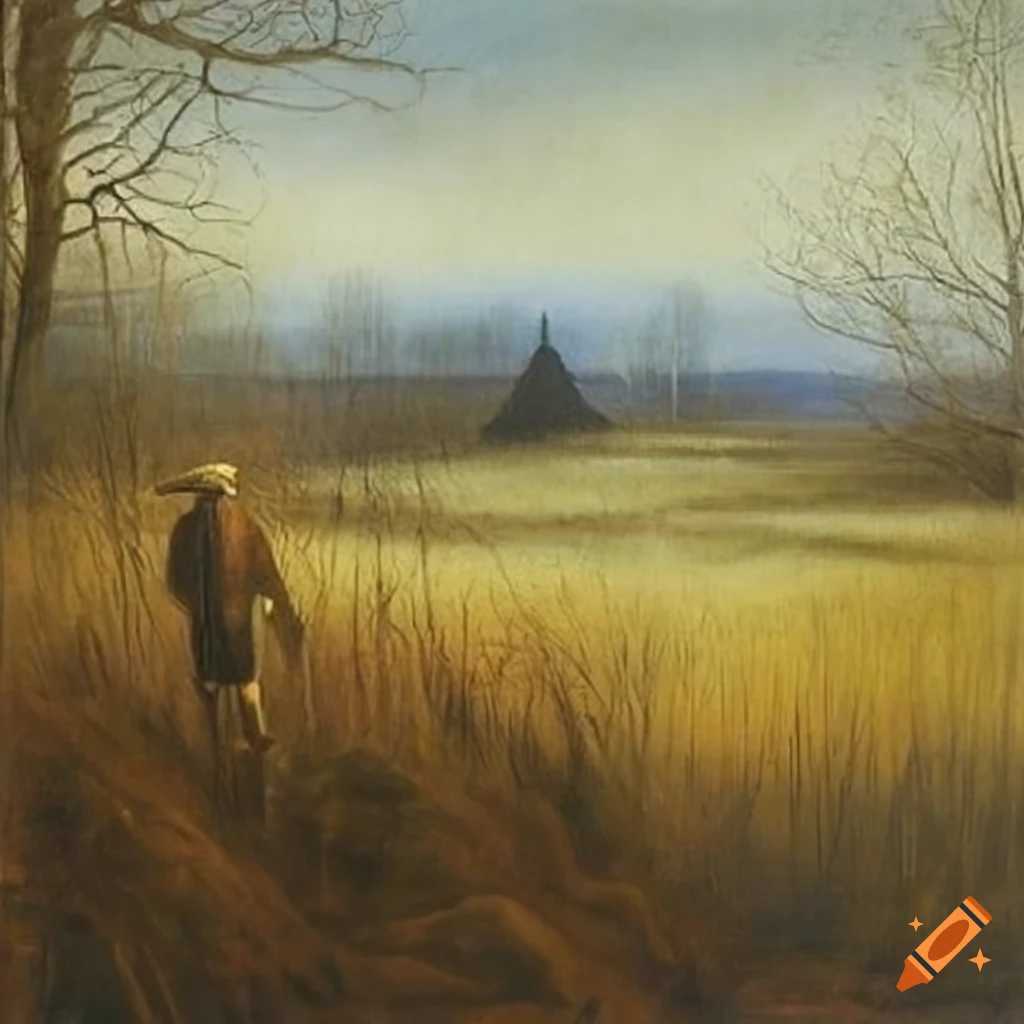 Realistic Andrew Wyeth-style landscape with a farmer tending to fields ...
