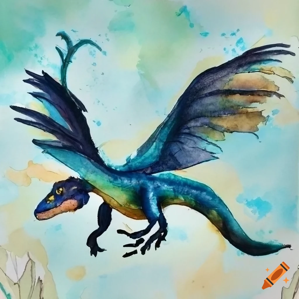 Watercolor painting of a microraptor in treetops on Craiyon