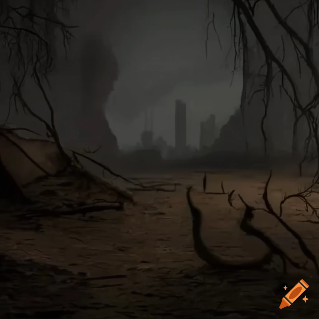 Barren city with withered foliage and plant life on Craiyon