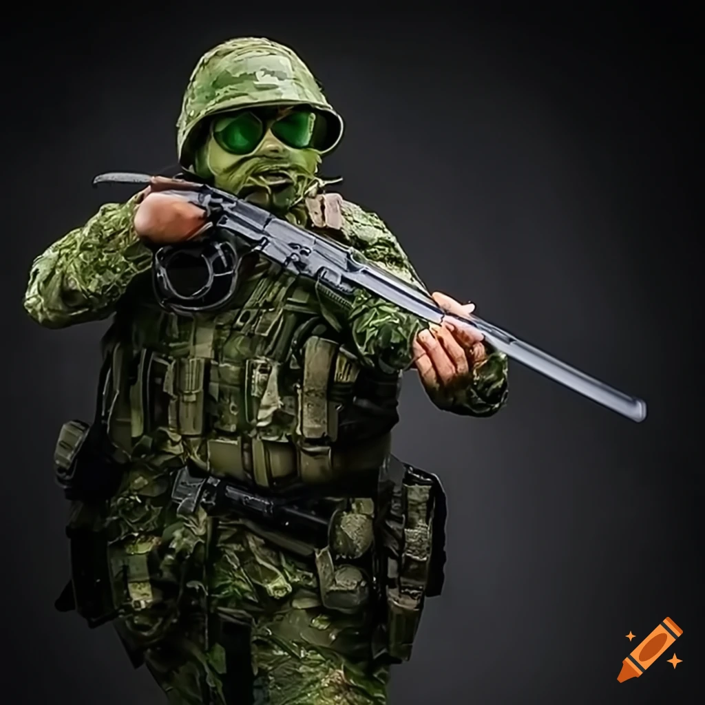 Frog soldier with reading glasses holding a rifle on Craiyon