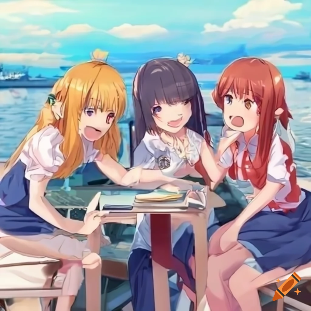 Cheerful anime girls at a crowded terrace table with a harbor backdrop ...