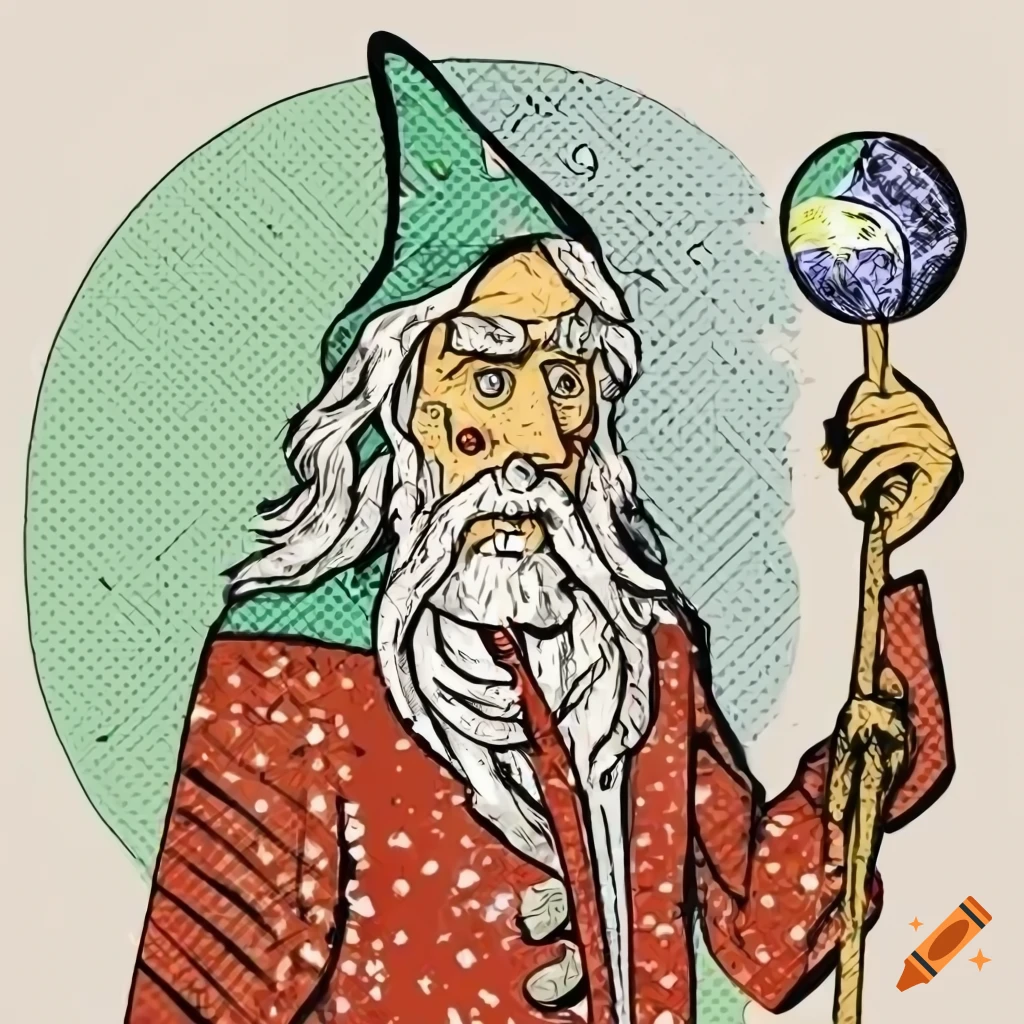 Retro comic book style drawing of a threatening older wizard with a ...