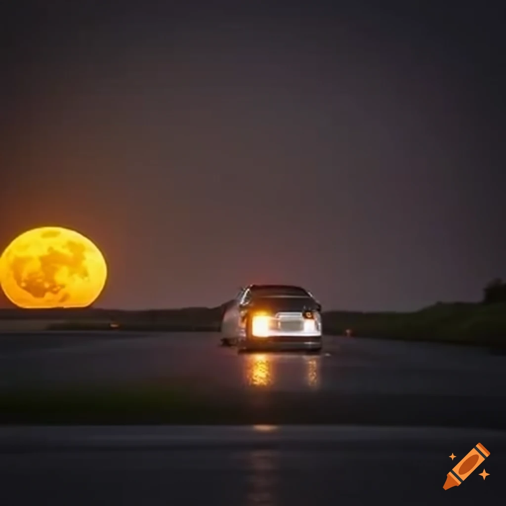 Car driving towards yellow full moon at dusk on Craiyon