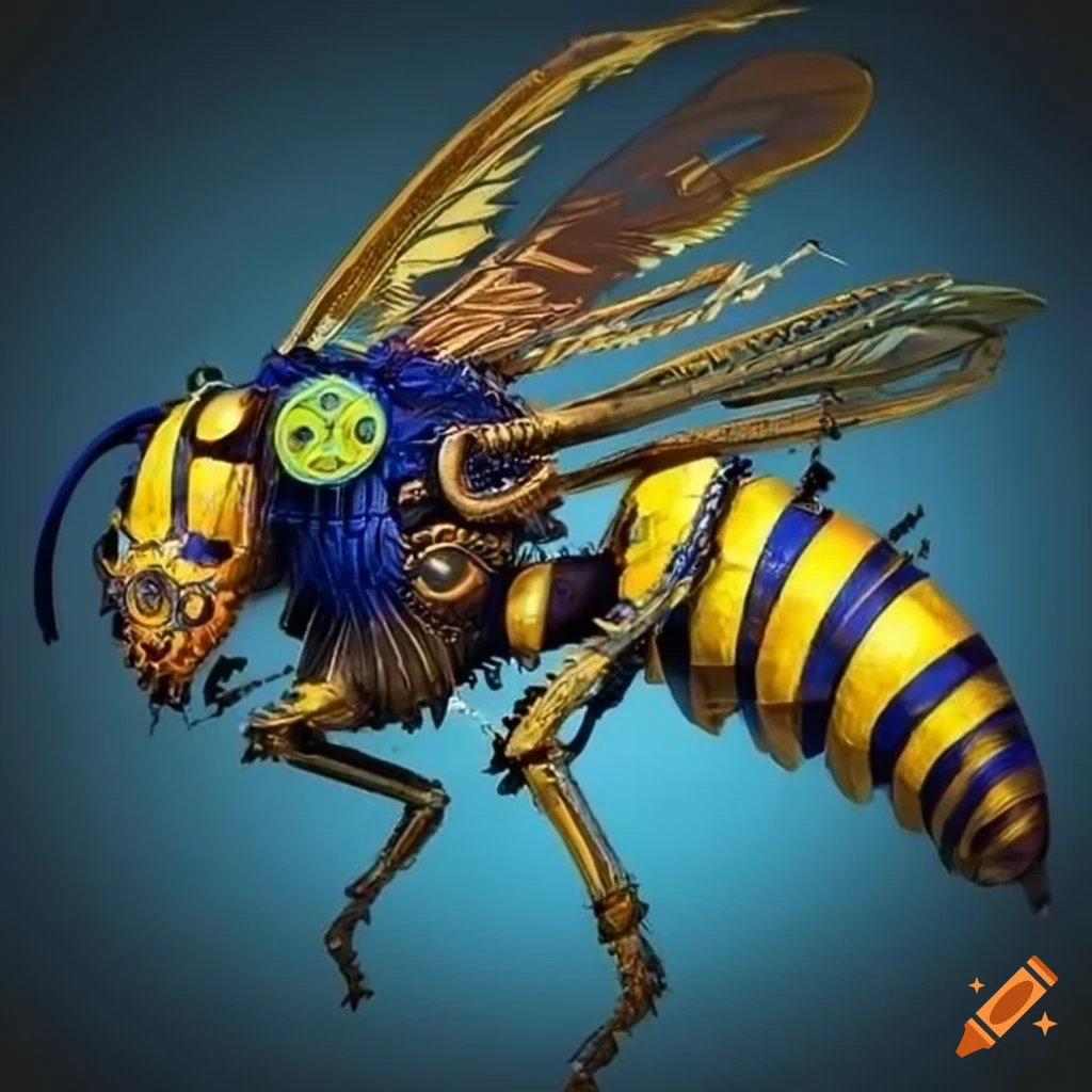 Giant techno steampunk hornet in yellow and blue colors on Craiyon
