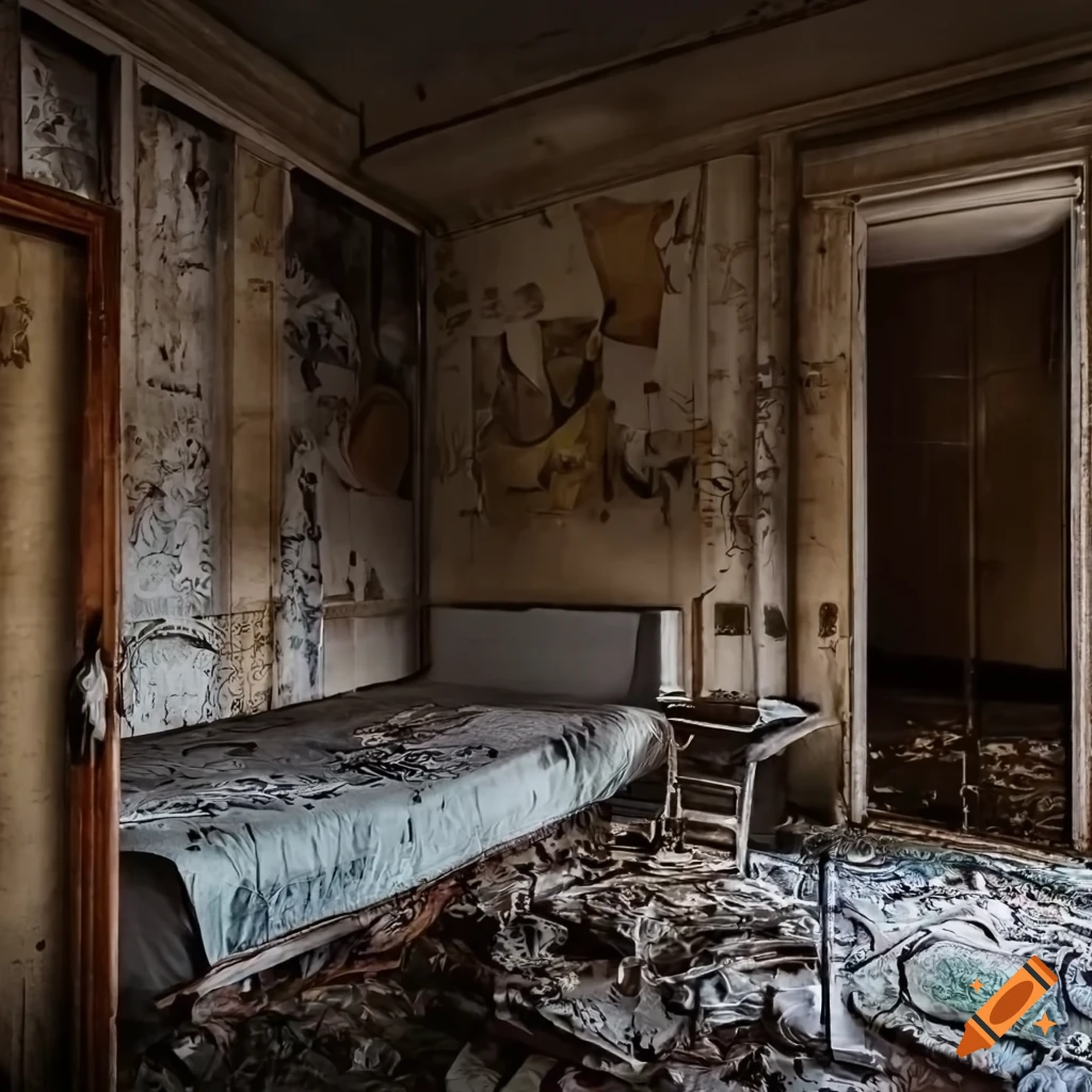 Detailed photograph of abandoned hotel bedroom on Craiyon