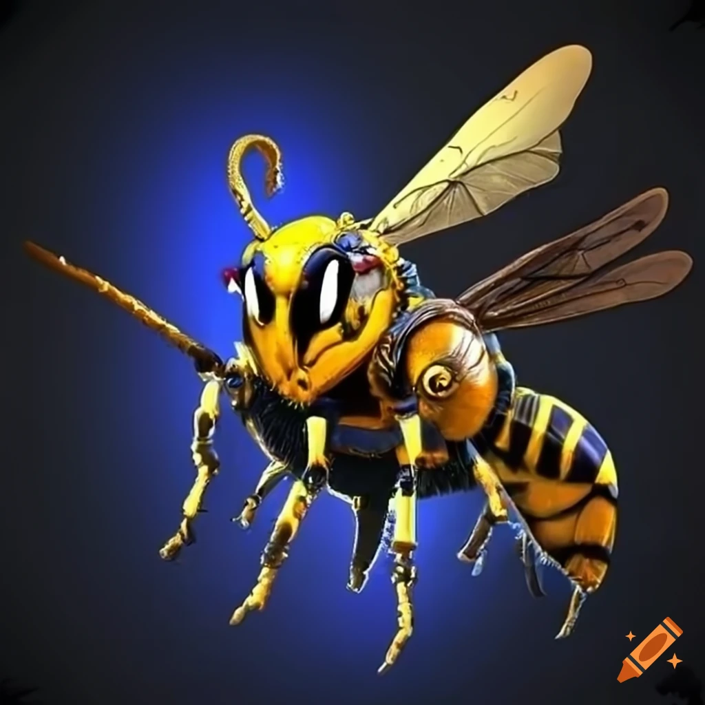 Angry steampunk hornet in yellow and blue colors on Craiyon