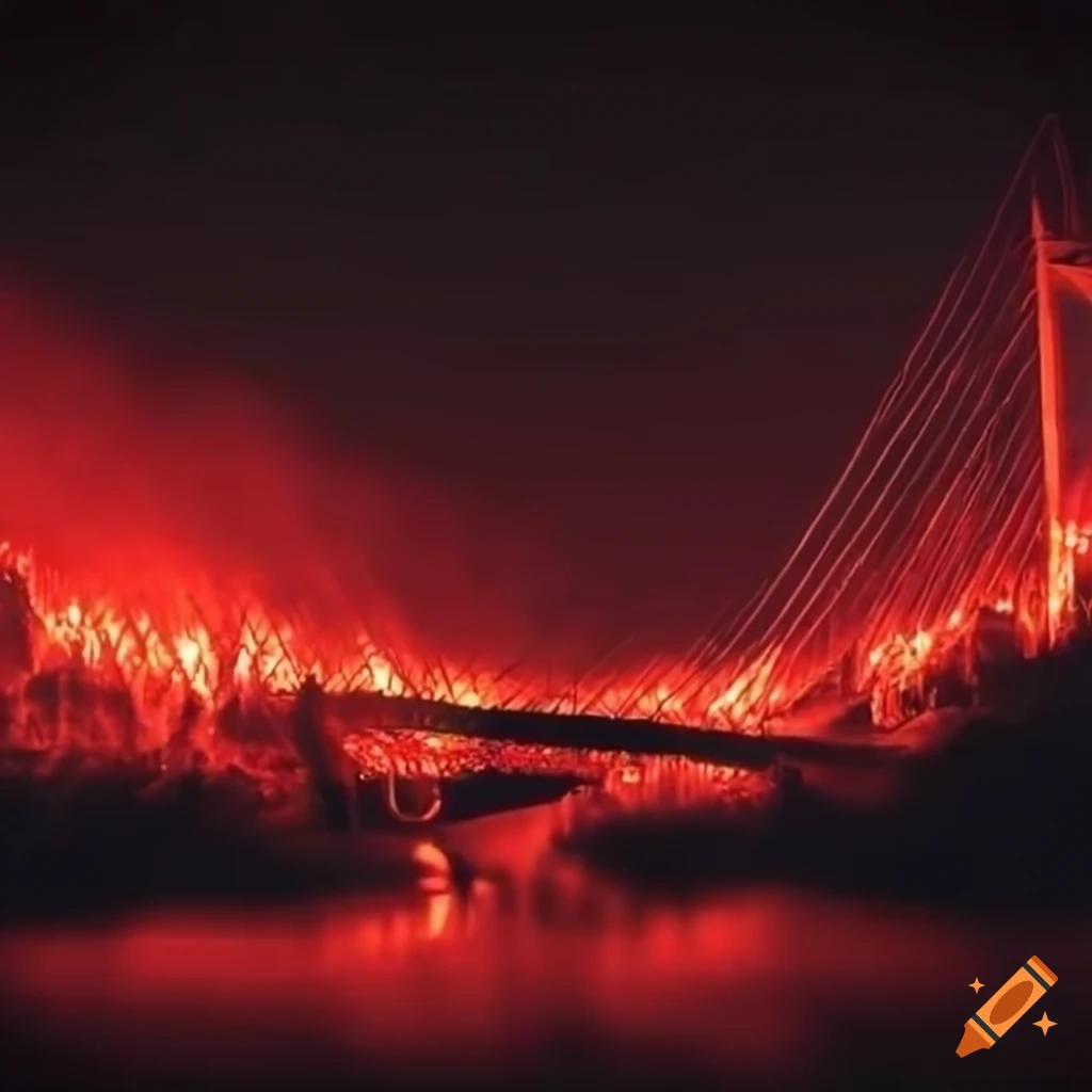 Monochromatic bridge engulfed in intense red flames on Craiyon