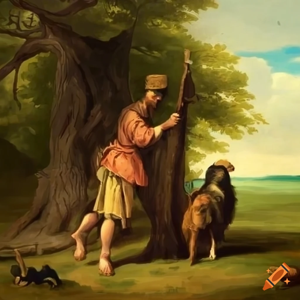 Shepherd resting under a tree with a staff on Craiyon