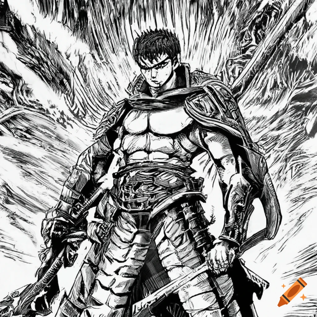 Highly detailed manga panel of a warrior in the style of Kentaro Miura ...