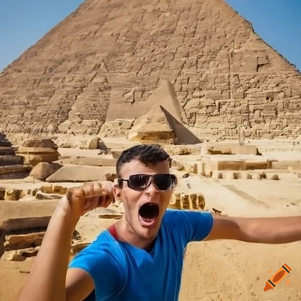 Male tourist taking a selfie at the pyramids of cairo, egypt on Craiyon