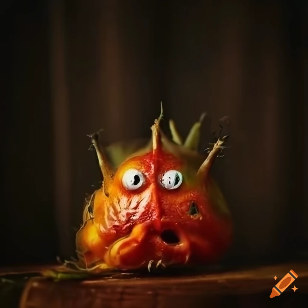 Close-up portrait of the rotten tomato fruit monster in an ultra ...