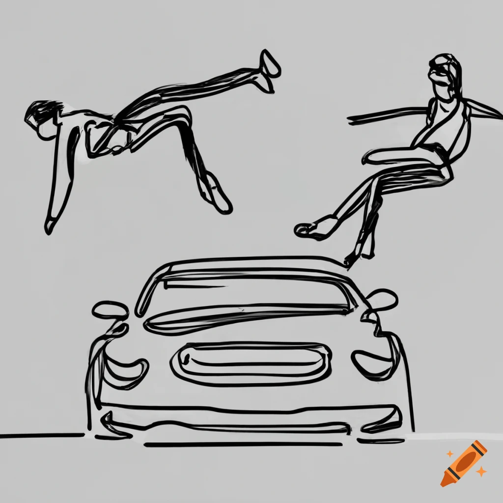 Single line drawing of two people doing a backflip over a car in the ...