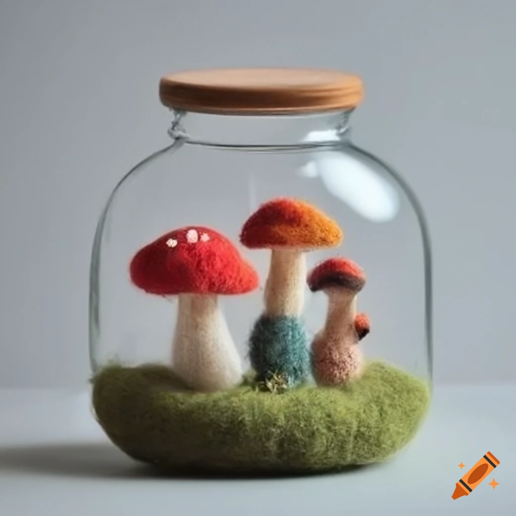 Wool felted plant ecosystem in round glass jar with mushrooms on Craiyon