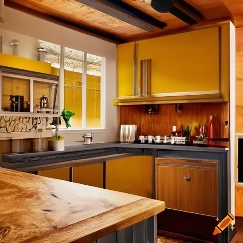 Vibrant rustic kitchen with wood and stone countertops in sunburst ...