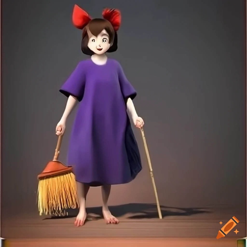 Realistic 3d rendering of kiki's delivery service riding a broom on Craiyon