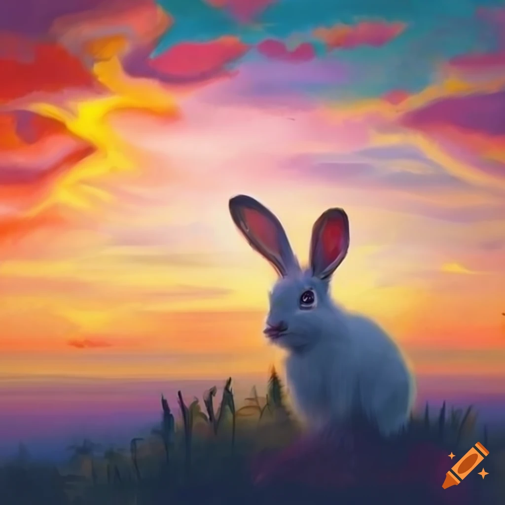 White rabbit in a sunset forest scenery drawn with pencil on Craiyon