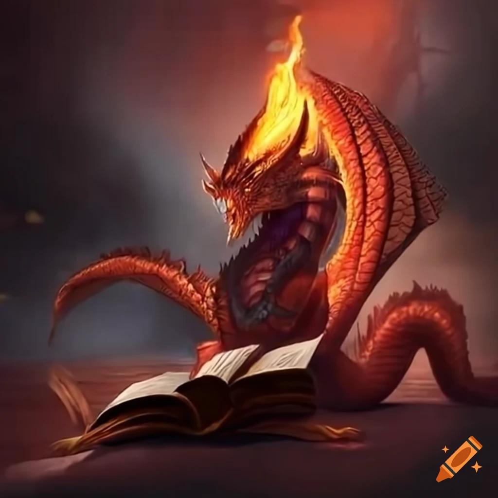 Highly detailed dragon reading a book surrounded by magical fire on Craiyon