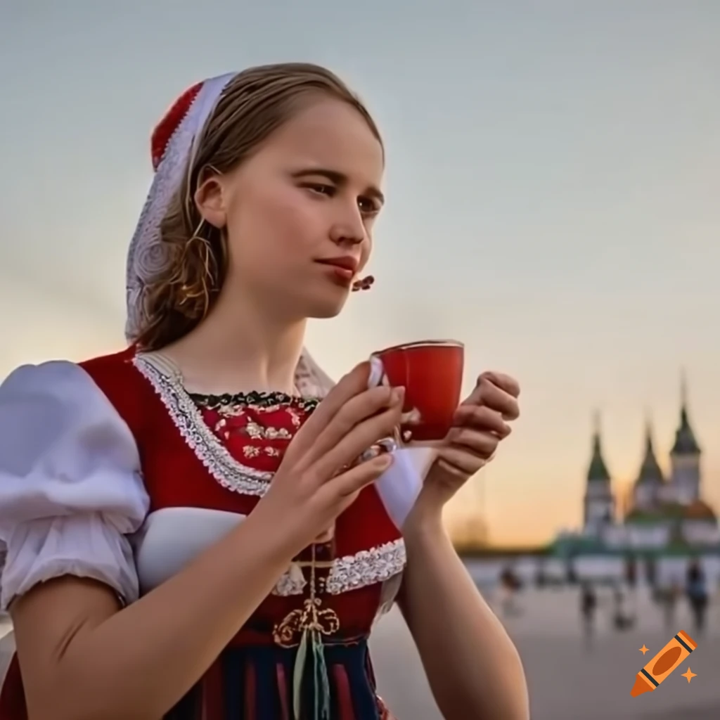 Austrian girl in traditional dress drinking tea in akmolinsk square ...