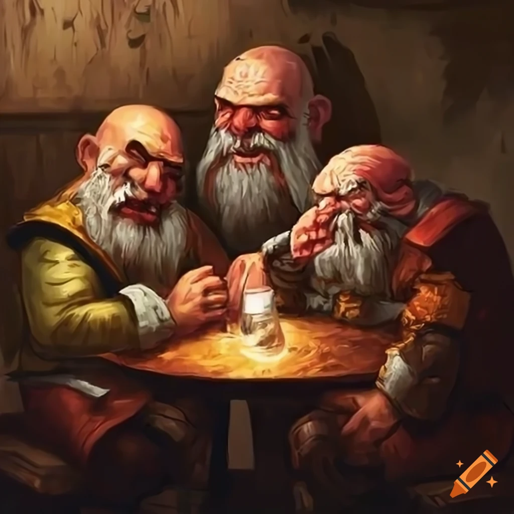 Group of sad dwarves in a tavern on Craiyon