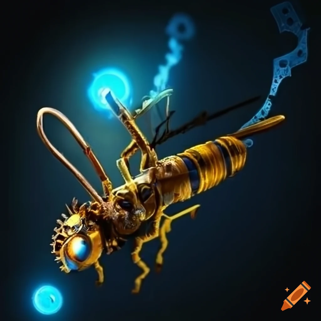 Steampunk hornet with yellow and blue laser design on Craiyon