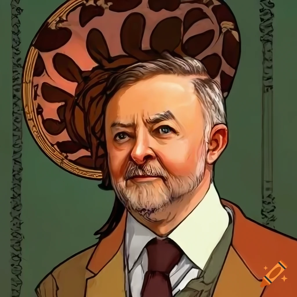 Artistic rendition of anthony albanese in the style of mucha on Craiyon