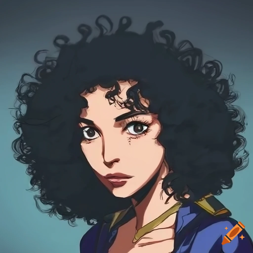 Young woman with curly black hair in cowboy bebop style on Craiyon