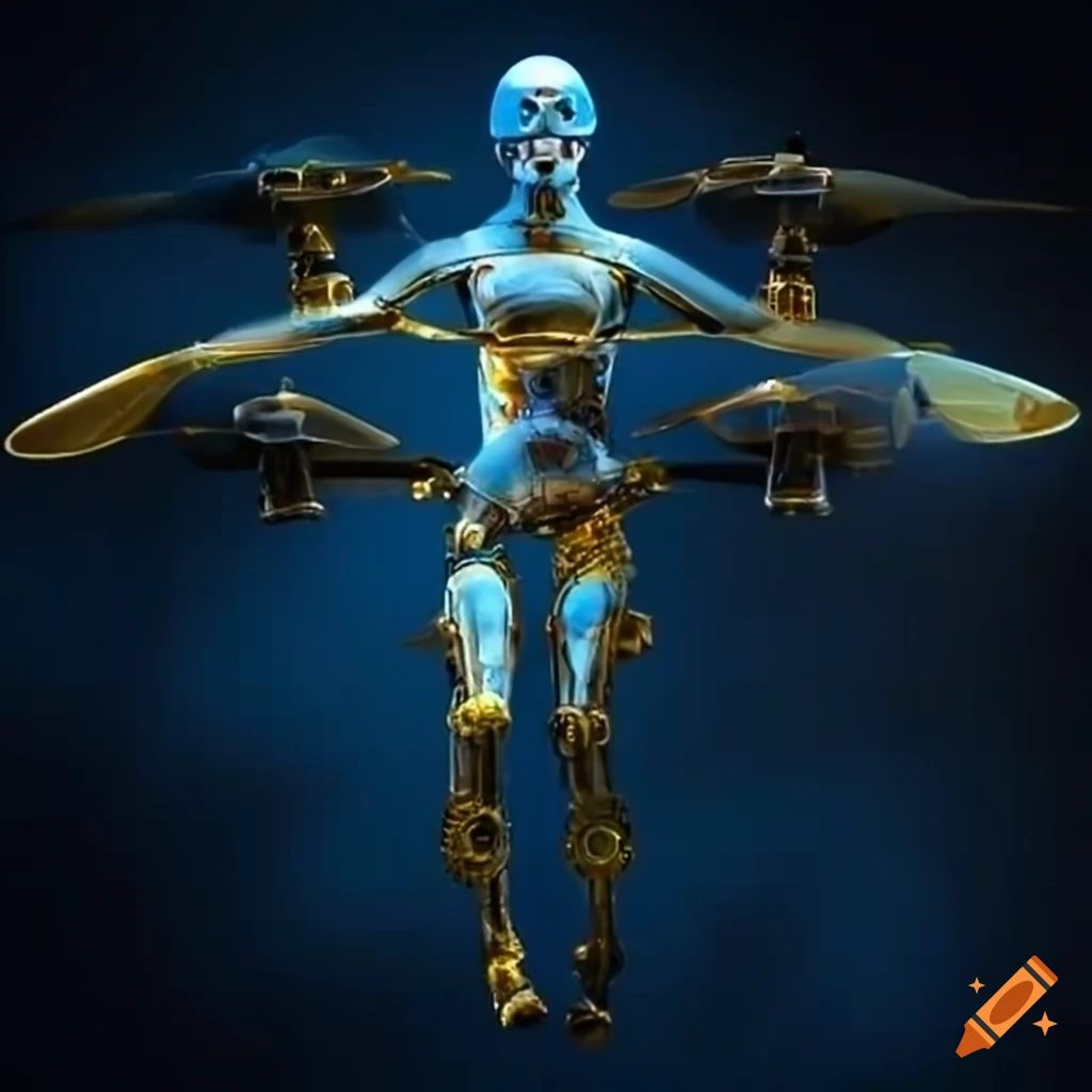 Flying humanoid steampunk drone in blue and yellow on Craiyon