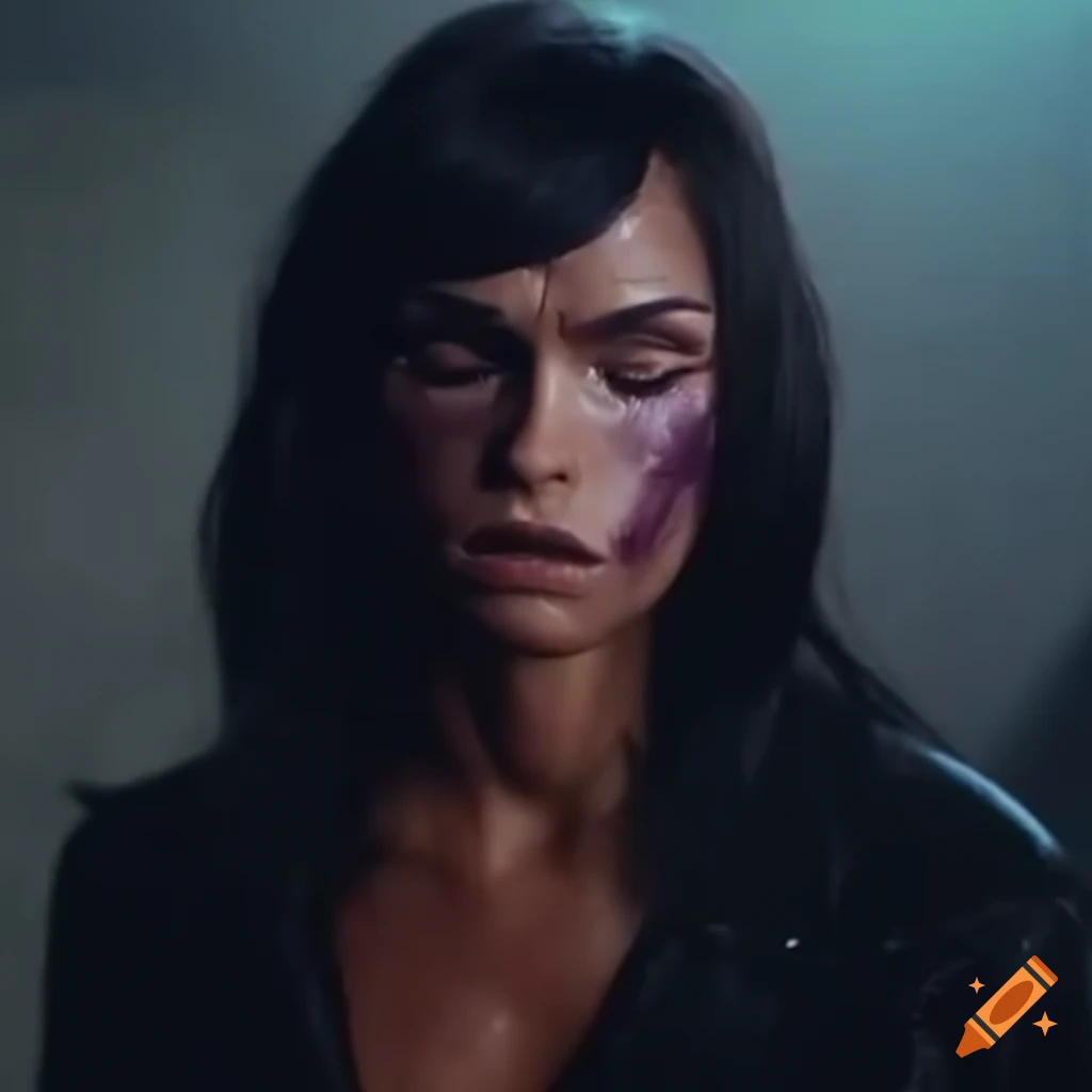 Bruised female fighter with dizzy expression in 80s movie fight scene ...