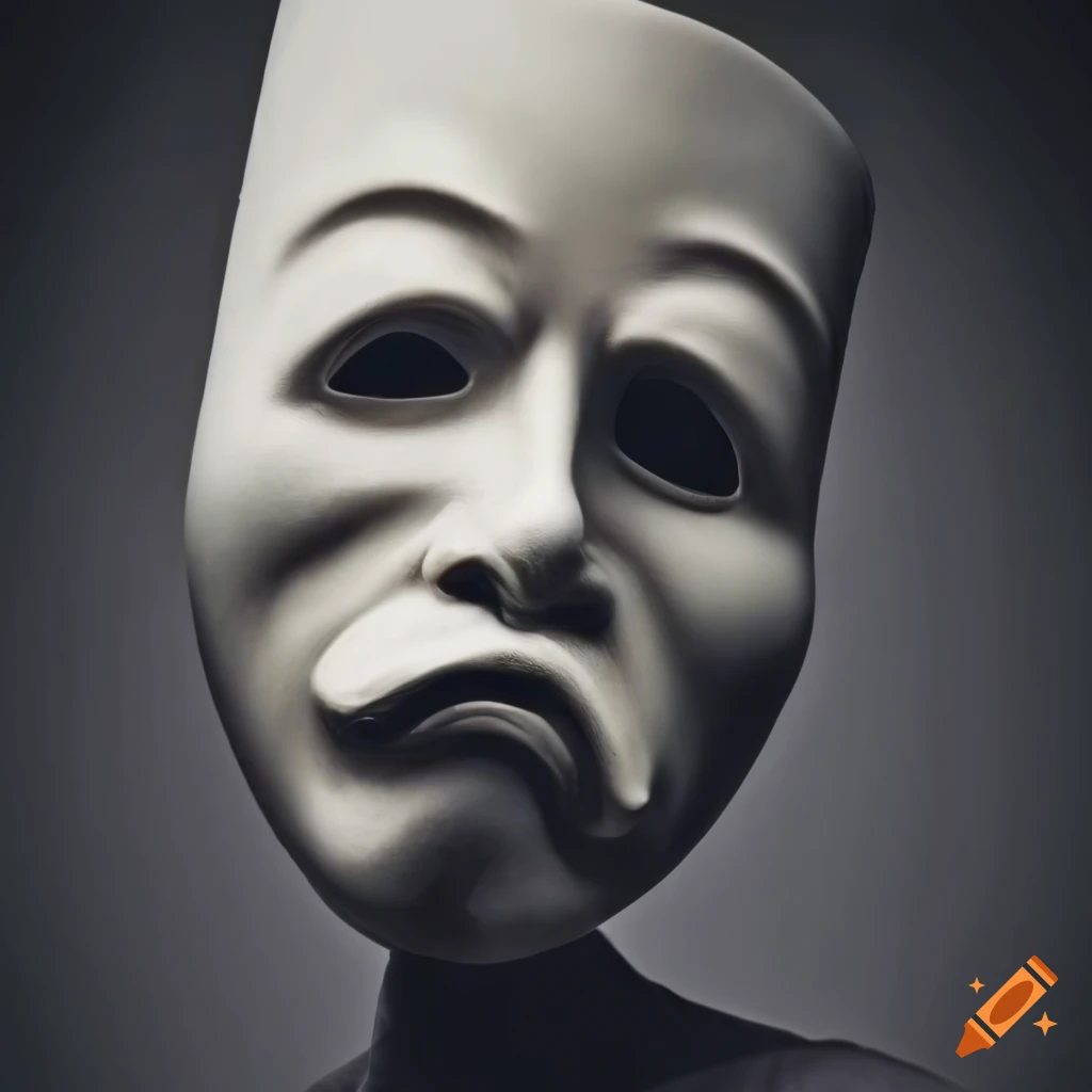 Man with a white theater comedy mask in a head shot on Craiyon