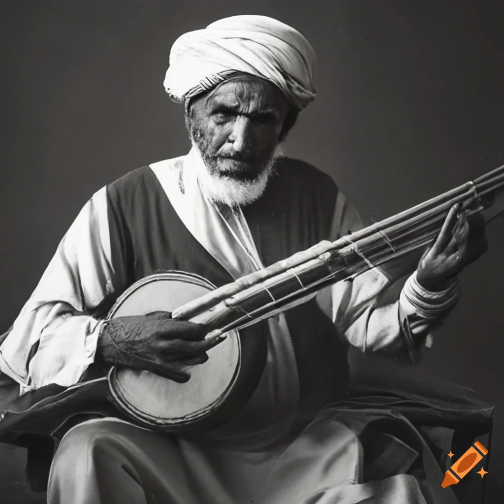 Iraqi man playing traditional music instruments in a historical ...