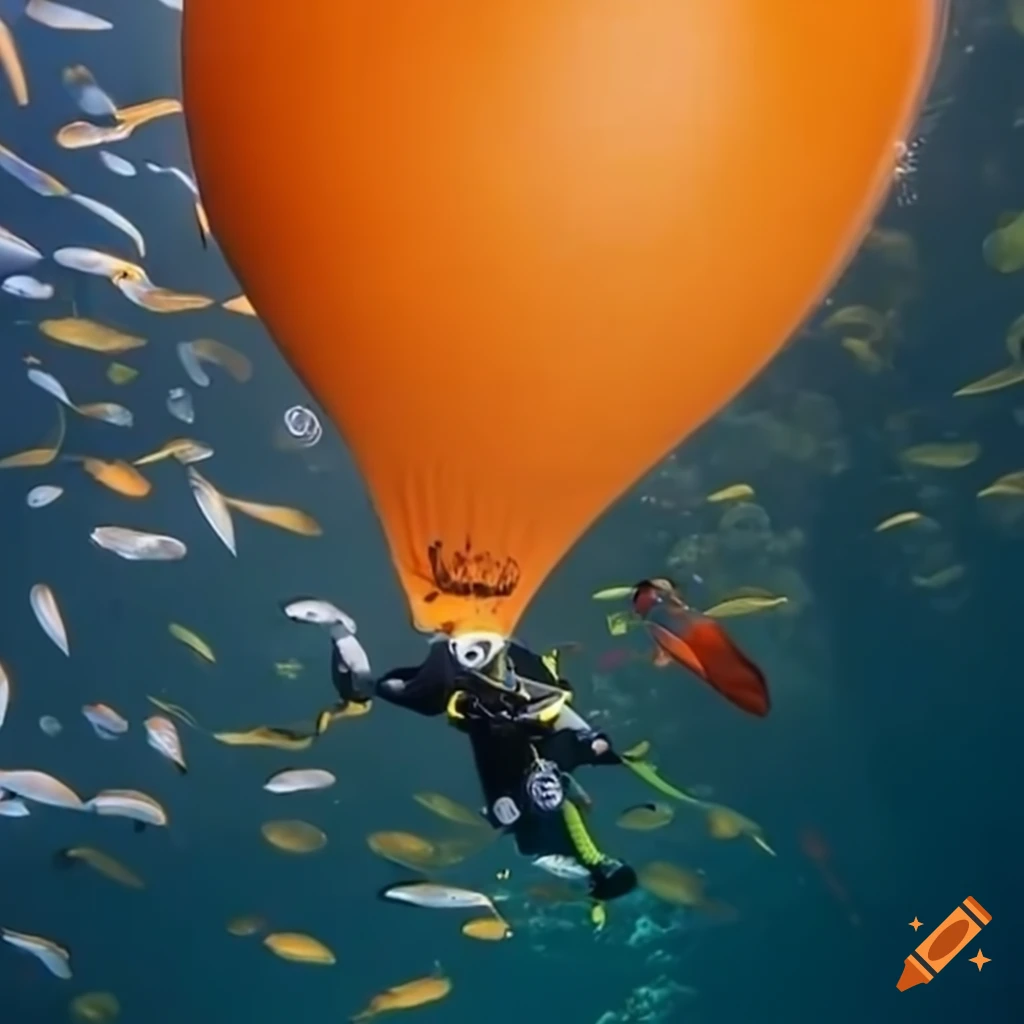 Scuba diver holding an orange balloon flying in the air on Craiyon
