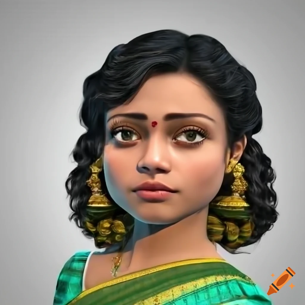 South indian woman with wavy hair and dimples wearing a saree on Craiyon