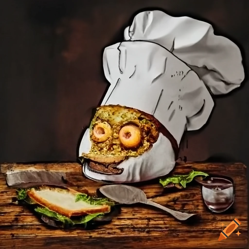 The crypt keeper wearing a chef's hat preparing sandwiches on Craiyon